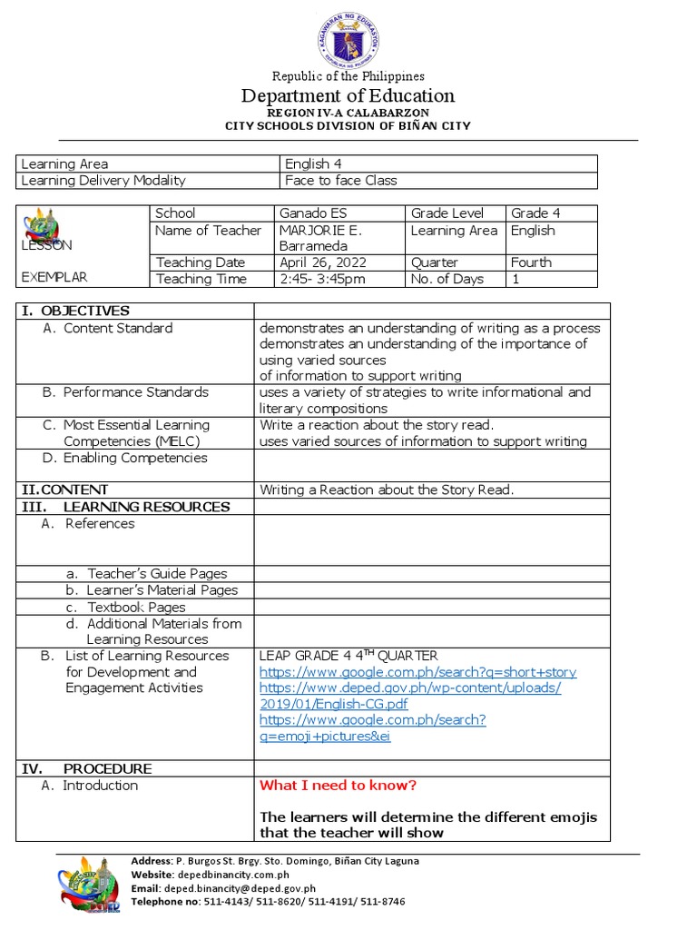 Lesson Plan English 4 2ndcot Marjorie | PDF | Learning | Teachers