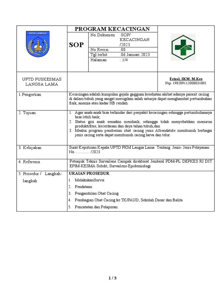 Sop Kecacingan Tahun 2023 | PDF
