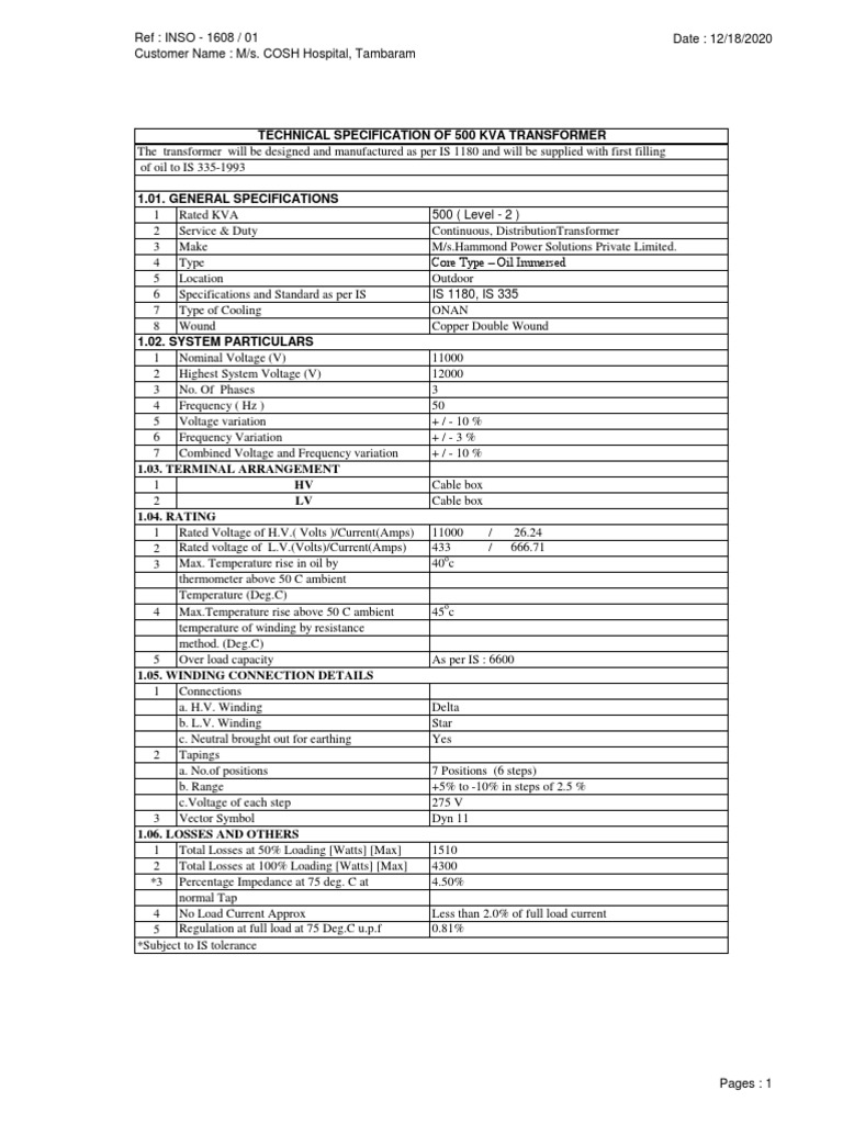 500KVA Technical Data Sheet INSO 1608 R1 | PDF | Transformer ...