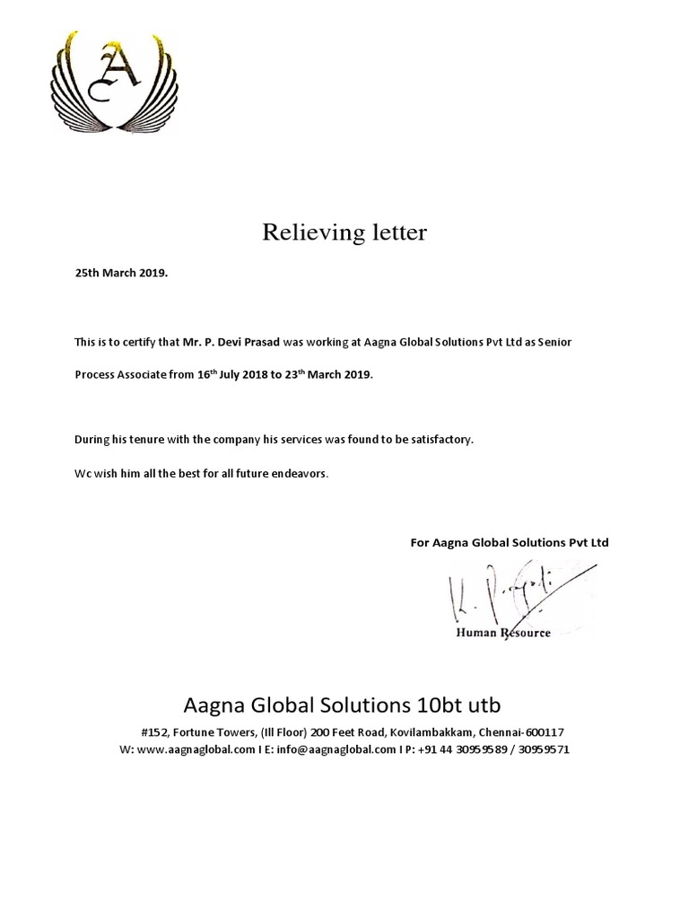 Relieving Letter for P. Devi Prasad | PDF