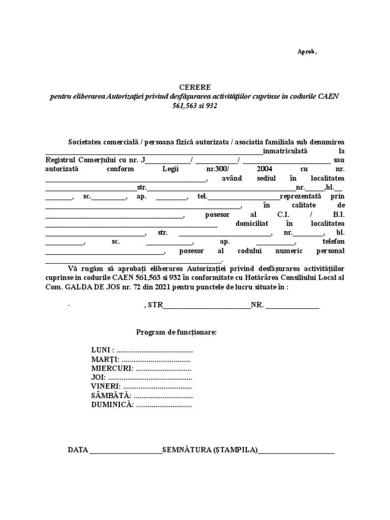 Cerere Autorizatie de Functionare | PDF