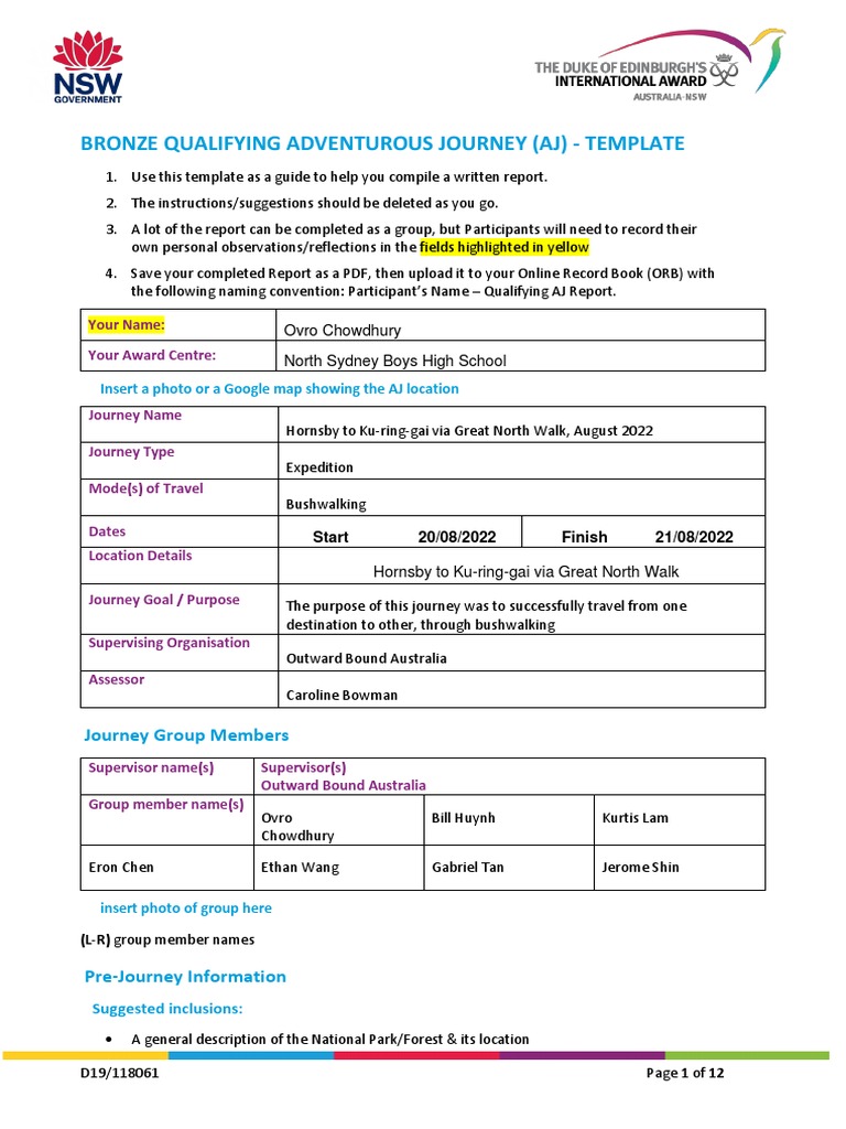 Duke of Ed Bronze Adventurous Journey Report Template | PDF | Lunch | Meal