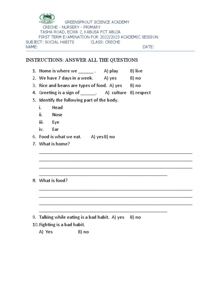 Creche Exams Sample For Schools | PDF