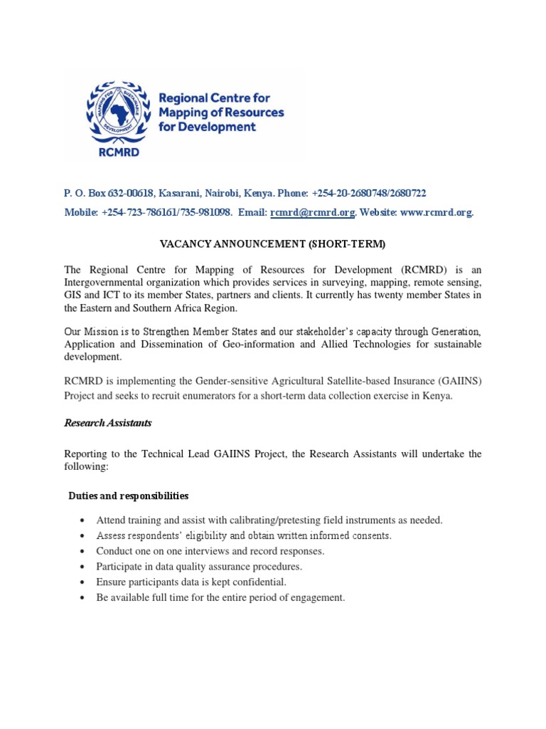Vacancy Announcement GAIINS Enumerators-Short Term | PDF | Kenya | Geographic Information System