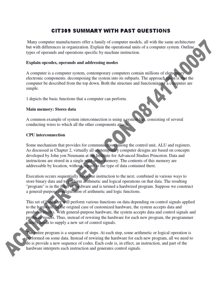 Cit309 Summary With Past Questions | PDF | Central Processing Unit | Computer Data Storage