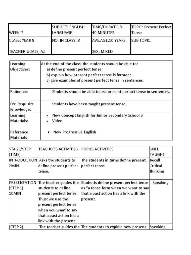 Year 8 Week 2 Lesson Plan | PDF | Verb | Grammatical Tense