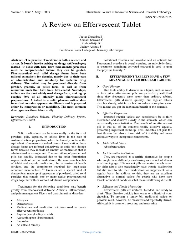 A Review on Effervescent Tablet | PDF | Tablet (Pharmacy ...