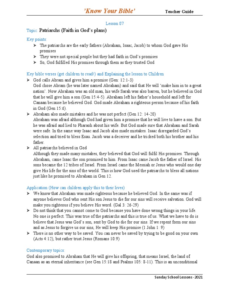 The Patriarchs (Sunday School Lessons - 2021) | PDF | Isaac | Abraham