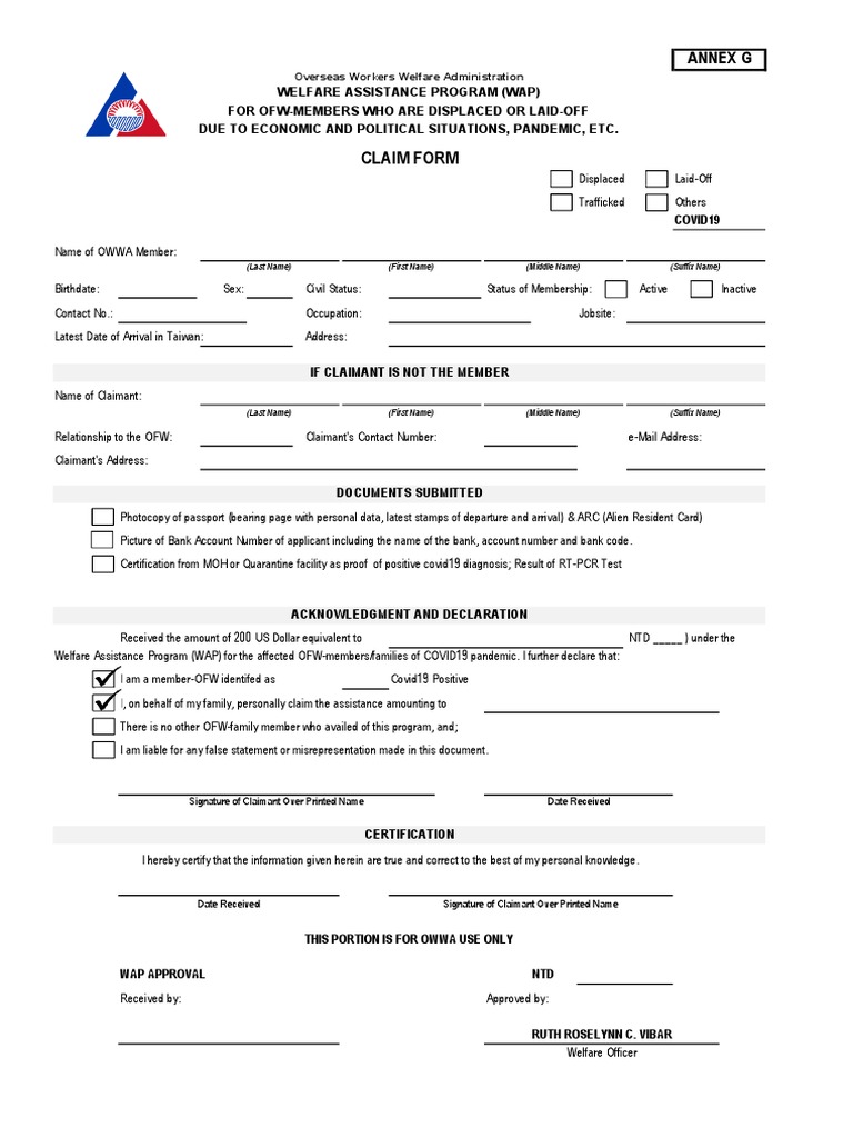 COVID-19 Aid for OFWs Claim Form | PDF