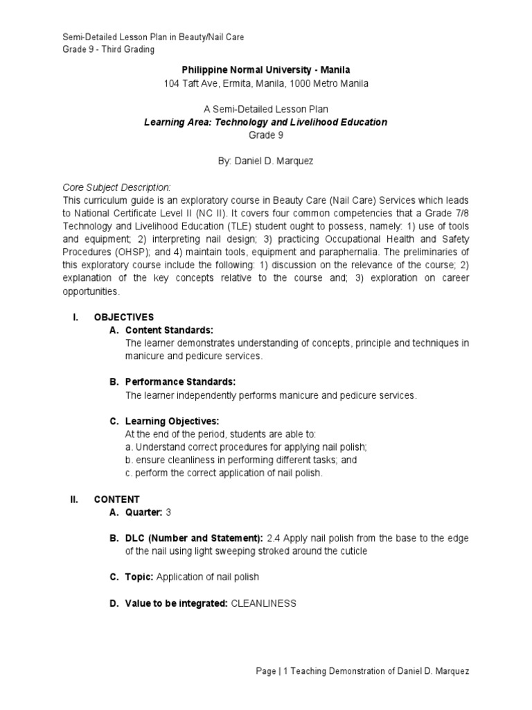 Grade 9 Nail Care Lesson Plan | PDF | Nail (Anatomy) | Lesson Plan