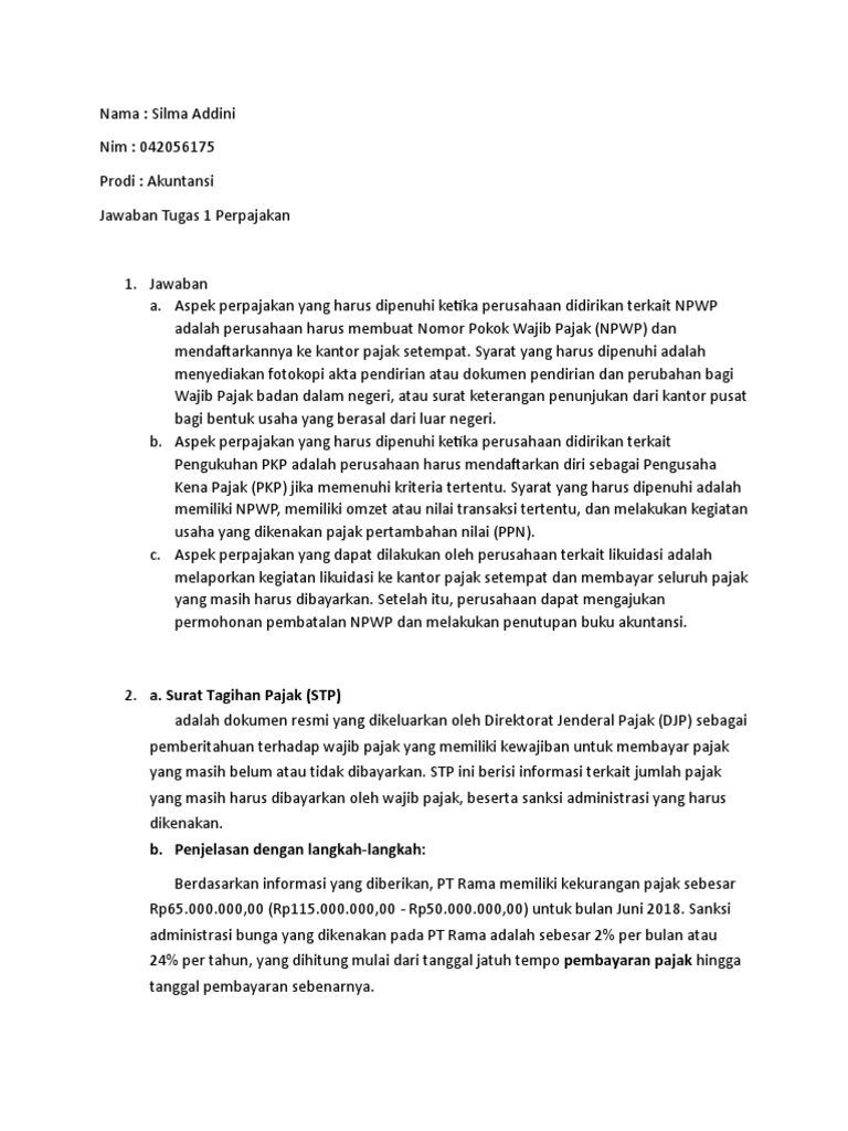042056715-Silma Addini-Tugas 1 EKSI4206 Perpajakan | PDF