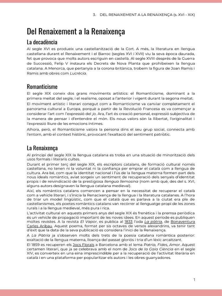 Del Renaixement A La Renaixença (S. XVI - XIX) | PDF
