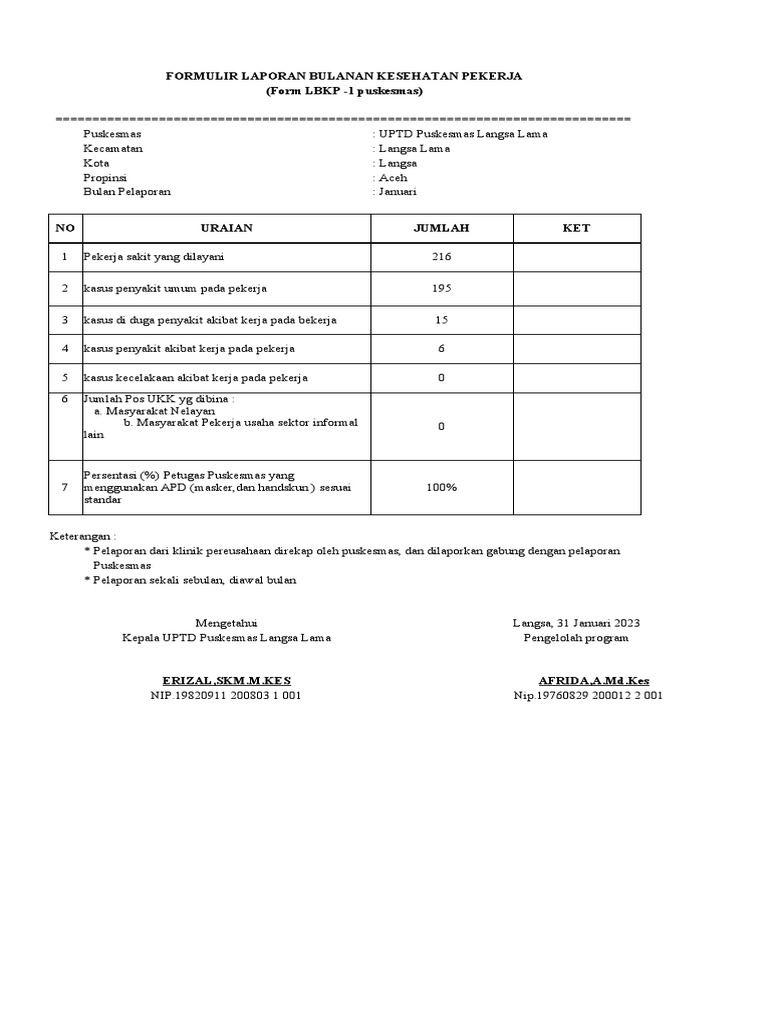 Laporan Kesehatan Kerja (Kesjaor) 2023-1 | PDF