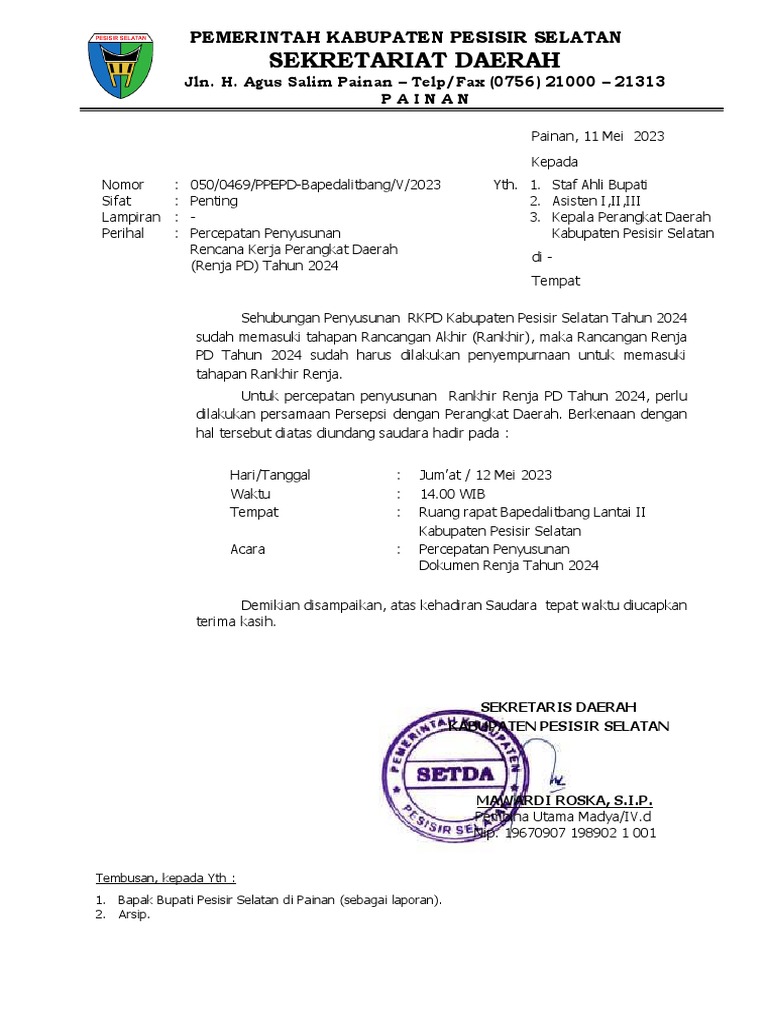 Surat Penyampaian Rankir RKPD Tahun 2024 | PDF