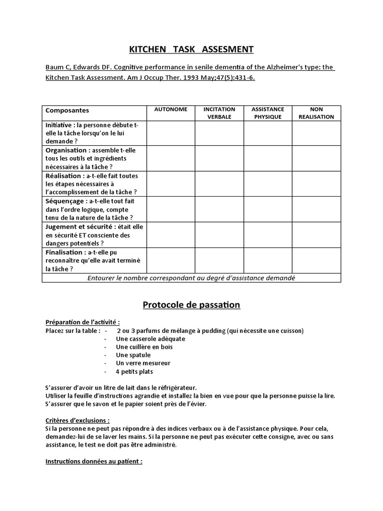 Évaluation des tâches en cuisine | PDF