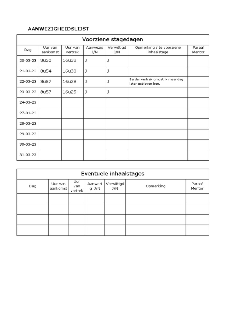 Aanwezigheidslijst Stage | PDF