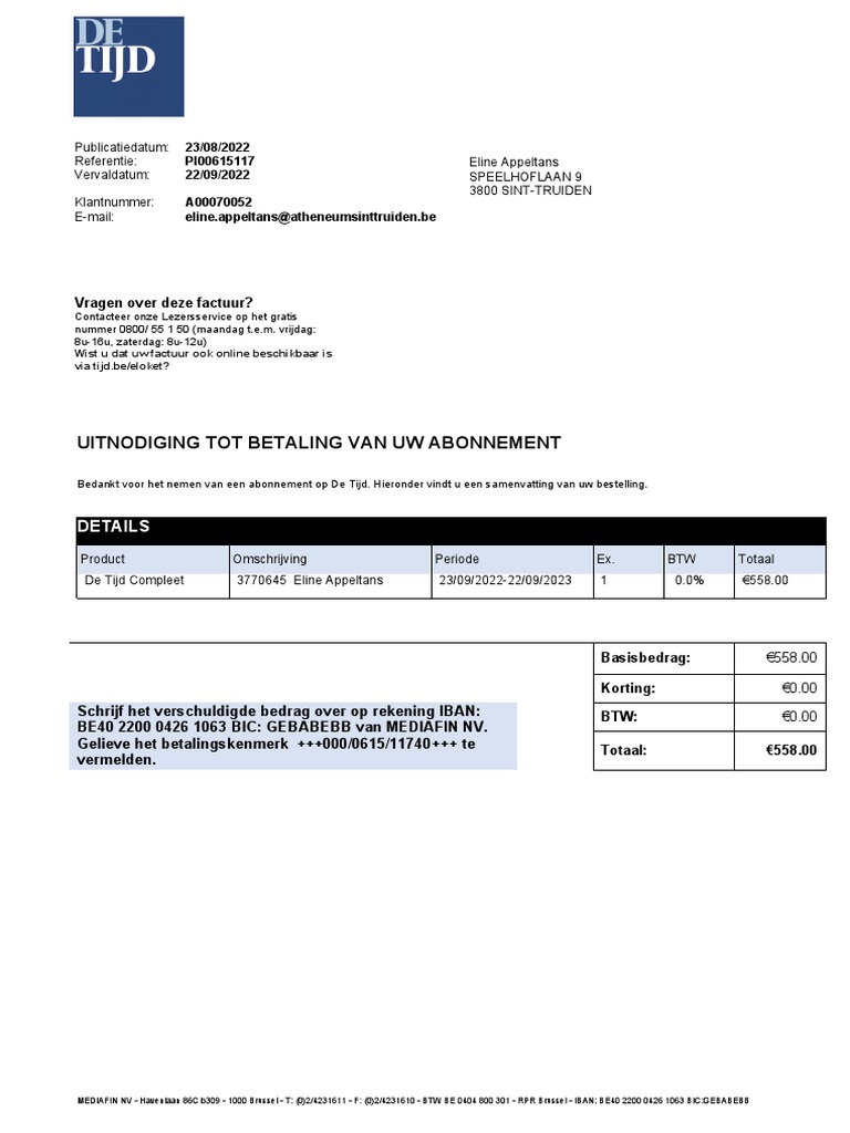Uitnodiging Tot Betaling Van Uw Abonnement: Details | PDF