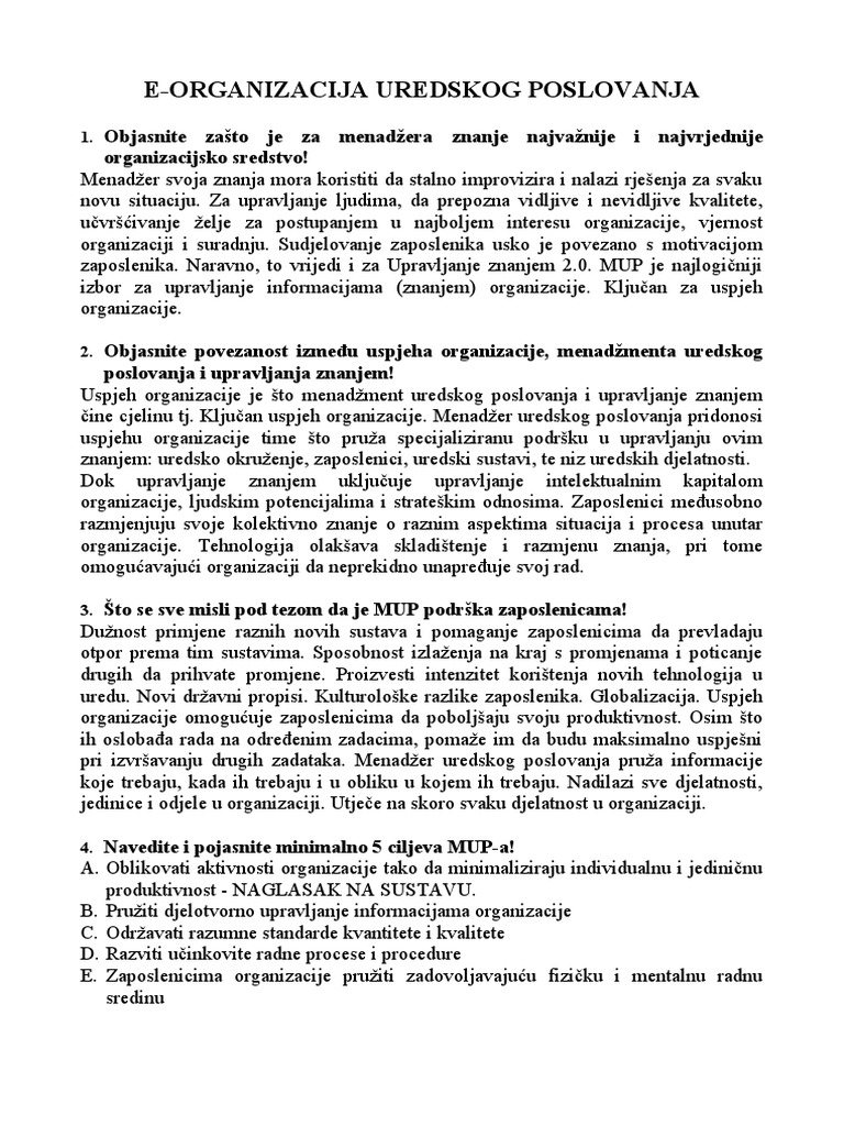 E-ORGANIZACIJA UREDSKOG POSLOVANJA - PITANJA I ODGOVORI | PDF