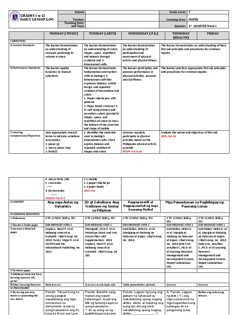 DLL - Mapeh 5 - Q4 - W1 | PDF