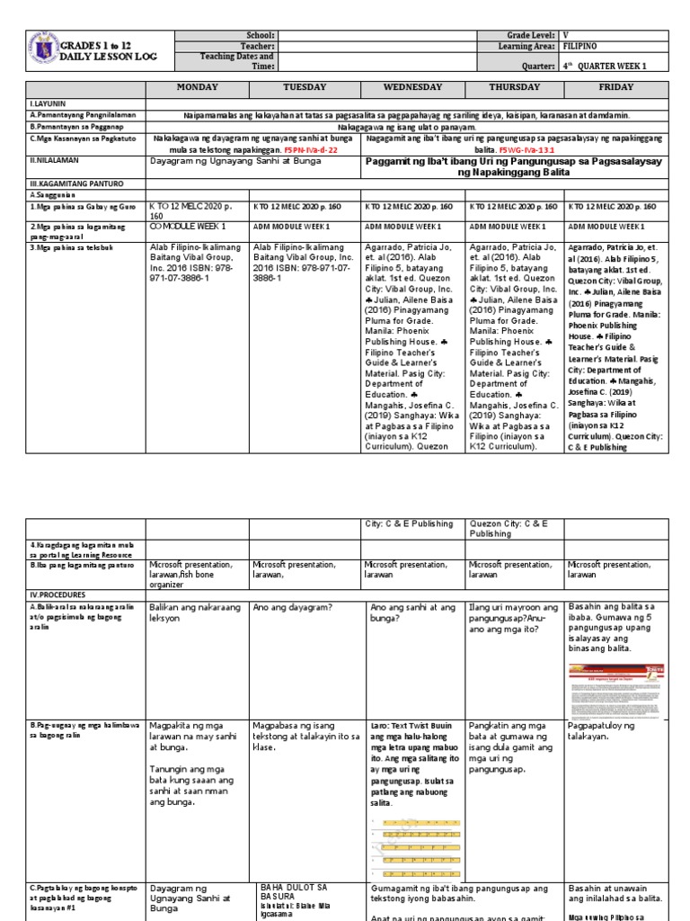 DLL_FILIPINO 5_Q4_W1 | PDF