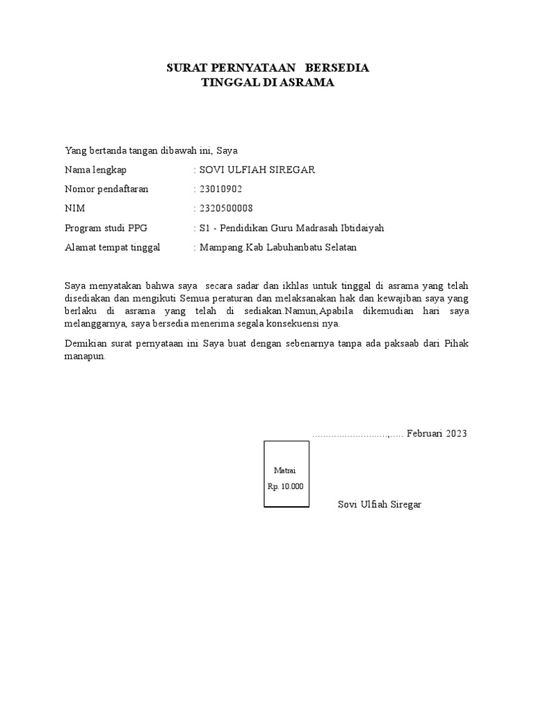 Surat Pernyataan Bersedia Tinggal Di Asrama | PDF