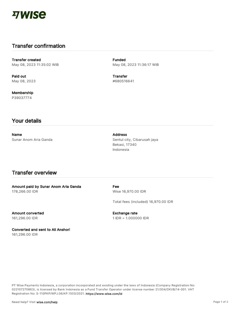 Transfer Receipt: PT Wise Indonesia | PDF