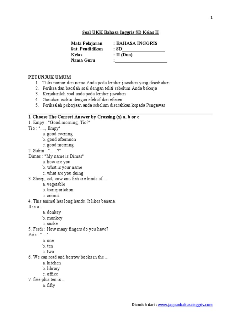 Soal Ukk Bahasa Inggris Kelas 2 SD | PDF