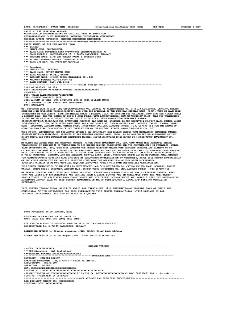 MT 199 Swift Message Confirmation | PDF | Euro | European Central Bank