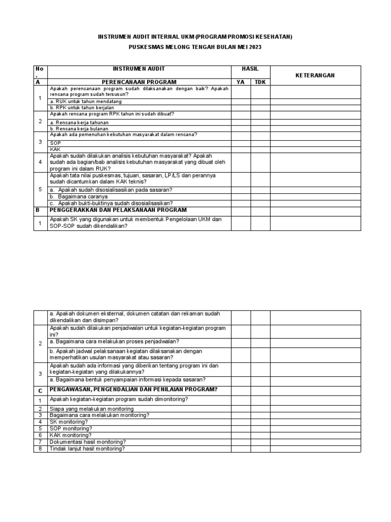 Instrumen Audit Internal Puskesmas | PDF