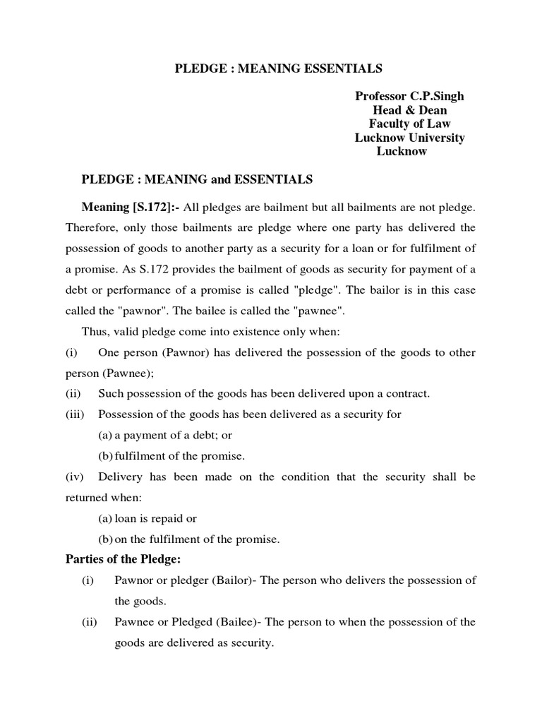 PLEDGE Meaning Essentials -26-05-2020 | PDF | Loans | Debt