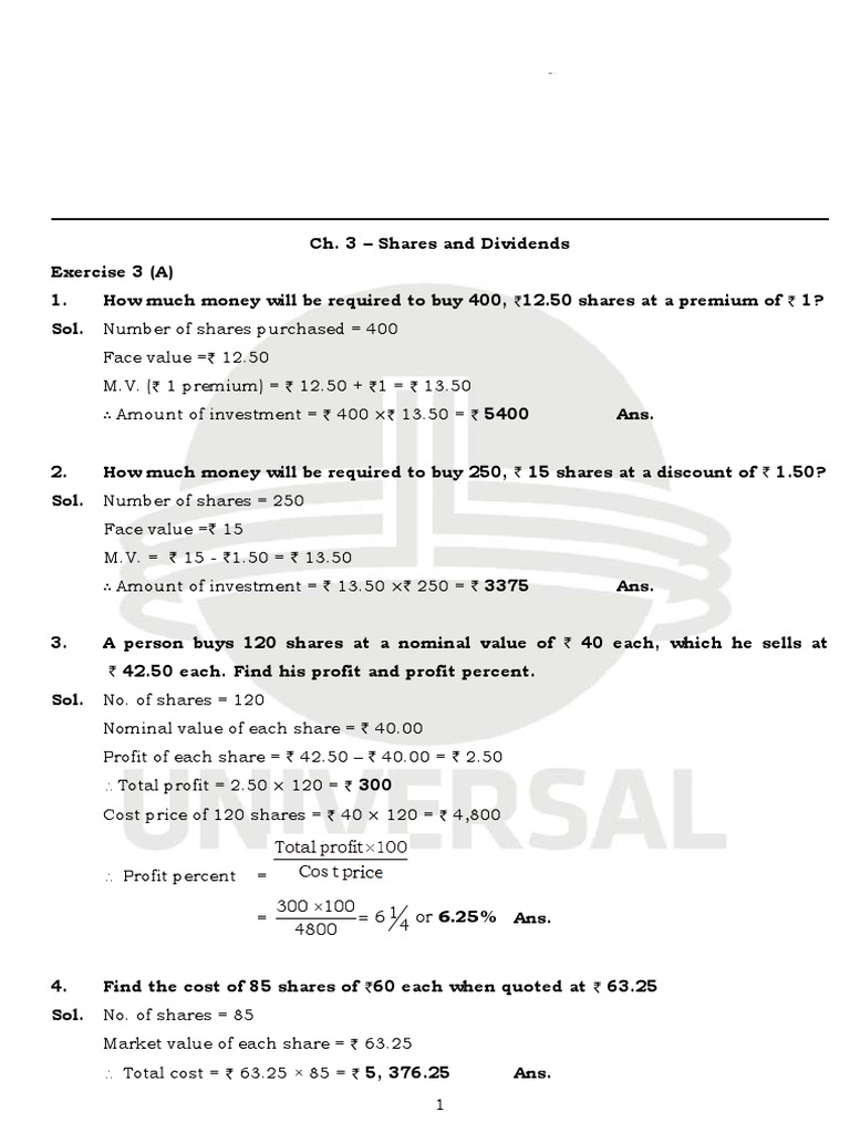 Ch. 3 - Shares and Dividend - Mathematics | PDF | Dividend | Share (Finance)