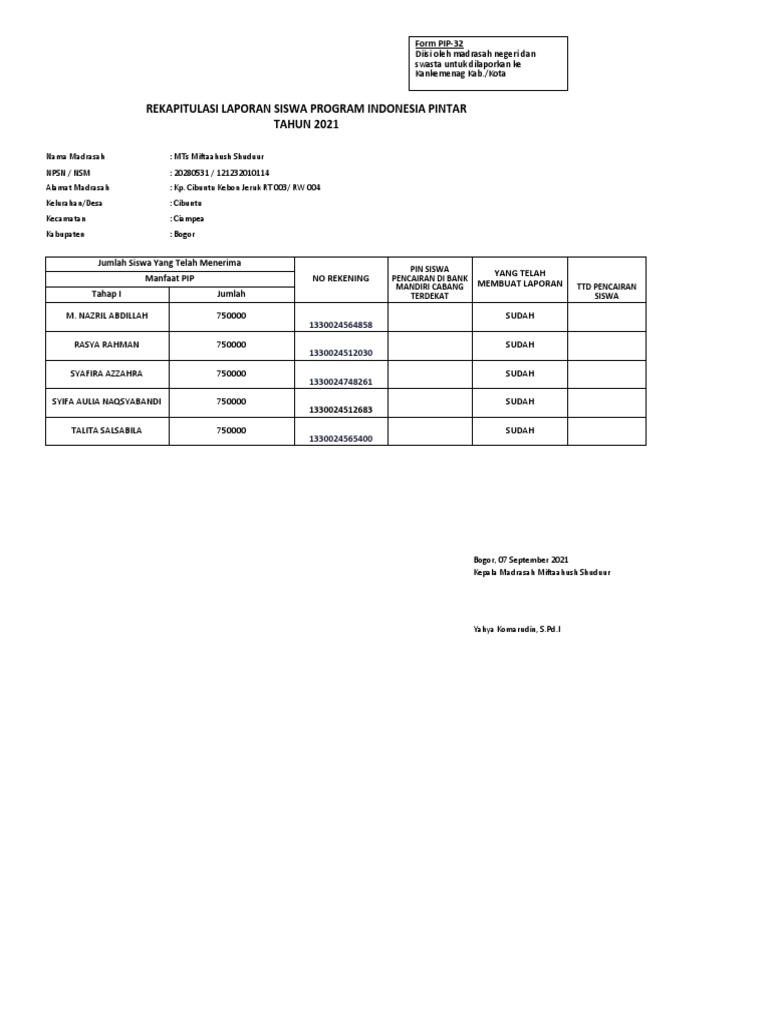 Form Pip 32 Rekaplaporan | PDF