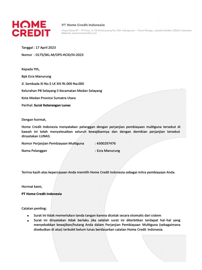 Surat Lunas Home Credit Ezra | PDF