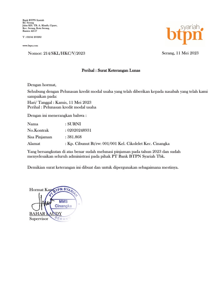 Surat Lunas Bank BTPN Syariah Surni | PDF