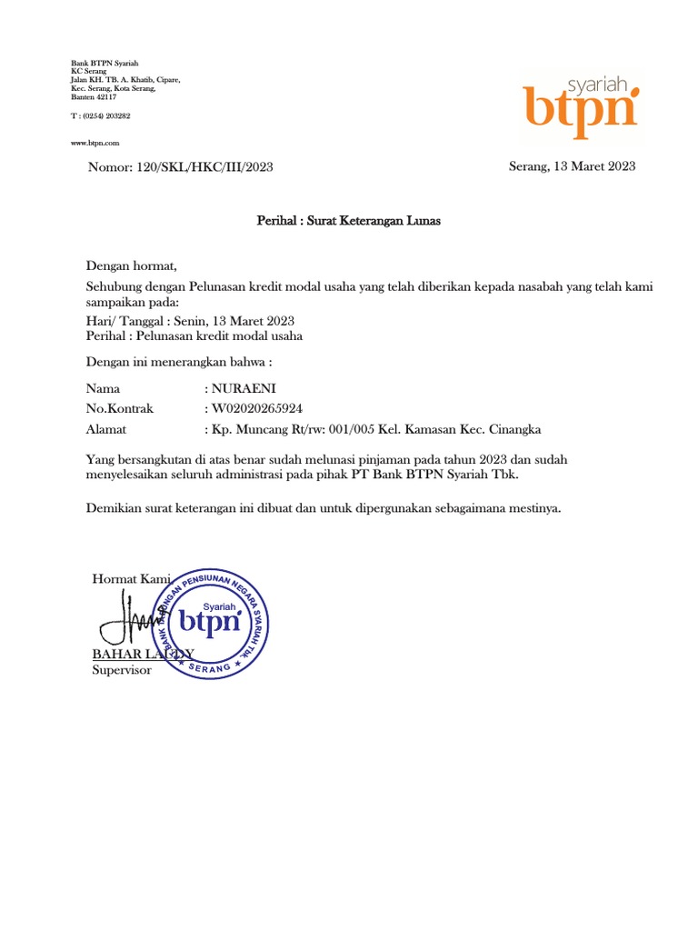 Surat Keterangan Pelunasan BTPN Syariah | PDF