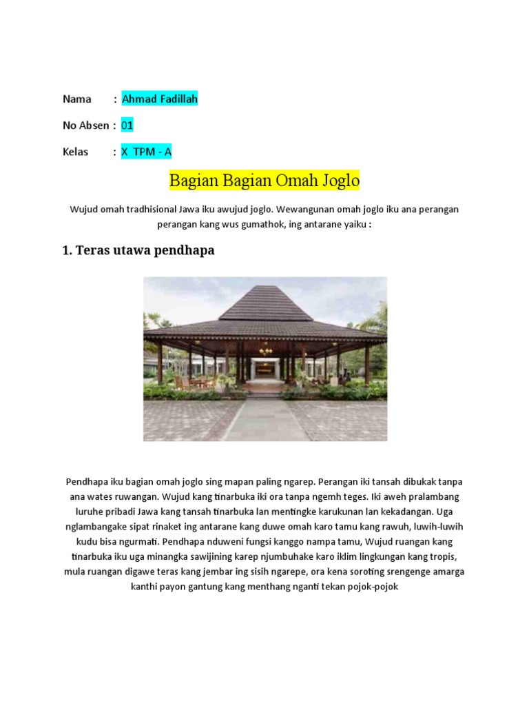 Bagian Bagian Omah Joglo: Nama: Ahmad Fadillah No Absen: 01 Kelas: X TPM - A | PDF