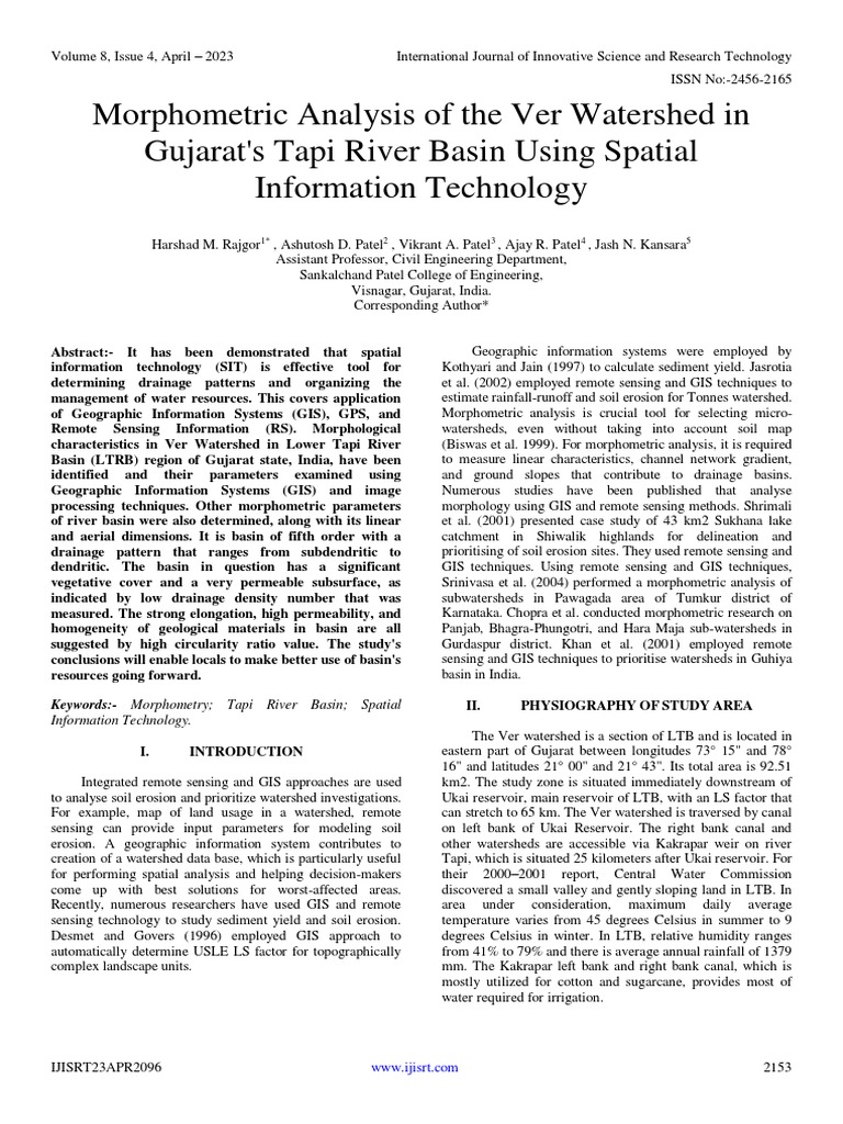 Morphometric Analysis of The Ver Watershed in Gujarat's Tapi River ...