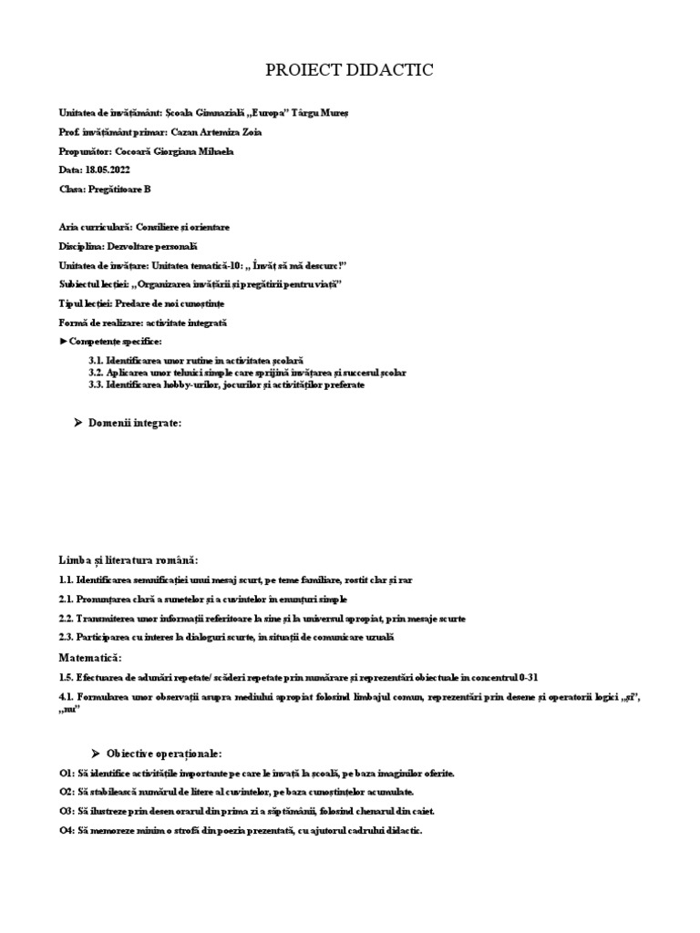 Proiect Didactic DP 18.05 | PDF