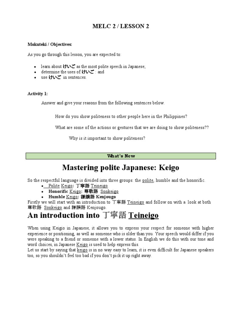 NIHONGO 8 LEARNING MODULE and LAS Q4 LESSON 2 | PDF