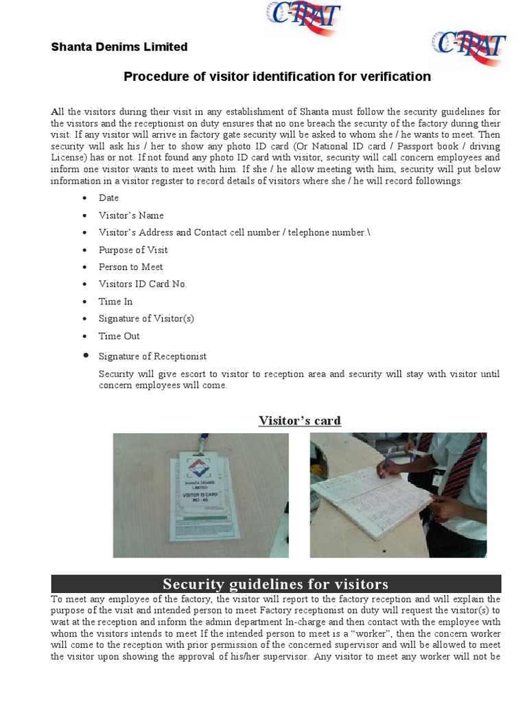 Visitor ID Card Procedures at Shanta Denims | PDF | Identity Document ...
