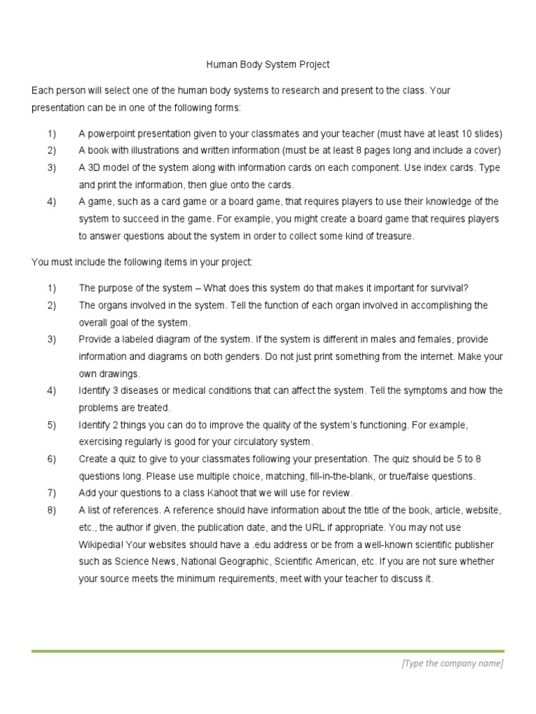 HumanBodySystemsProject 1 | PDF | Rubric (Academic) | Cognition