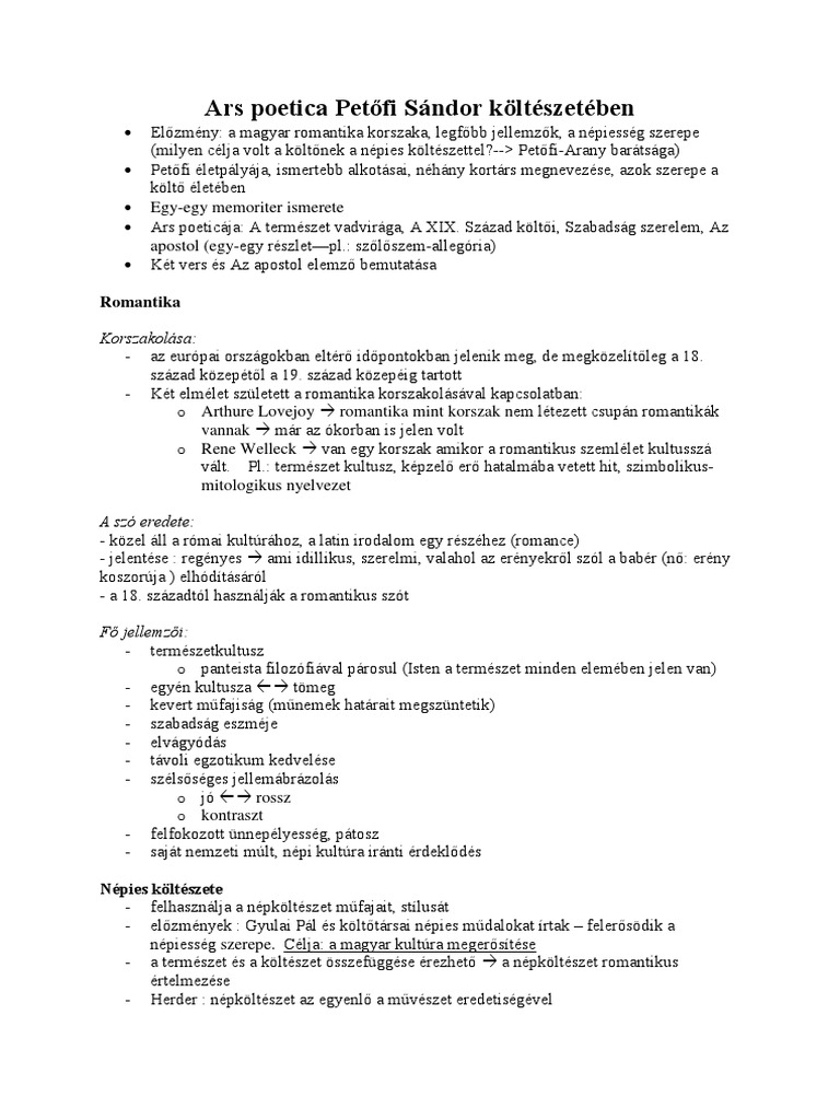 Ars Poetica Petofi Sandor Kolteszeteben | PDF