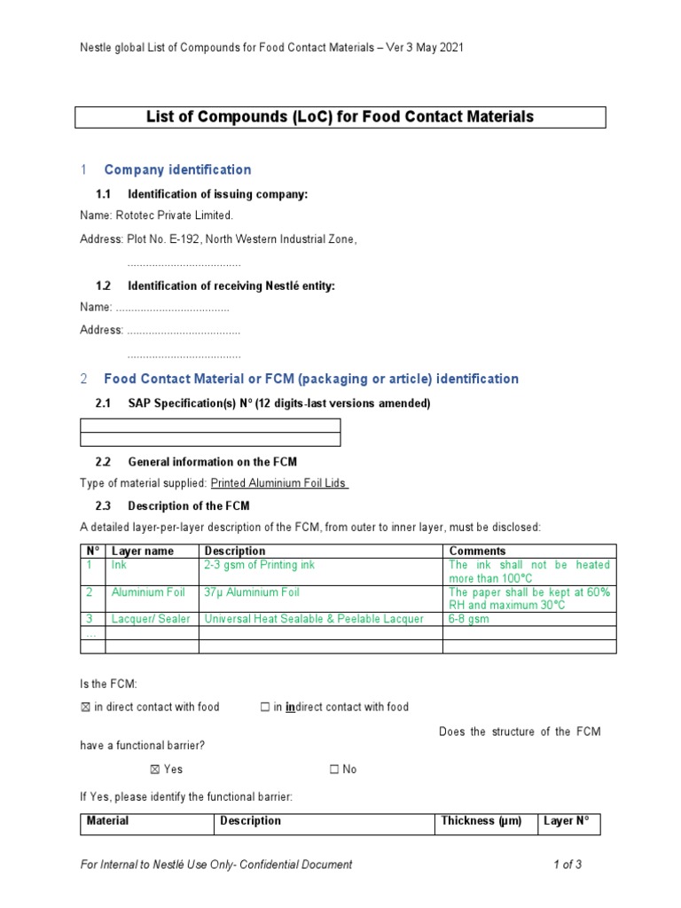 LoC Template May 2021 Ver 3 | PDF | Freezing | Materials