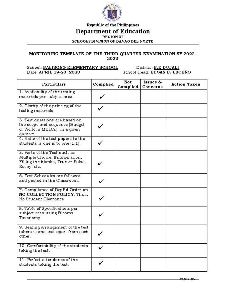 Quarterly Exam Monitoring Tool 1 | PDF | Learning