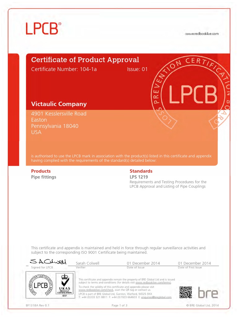 C104-1a-01 Victaulic Pipe Fittings LPCB - 2014 | PDF | Mechanical ...
