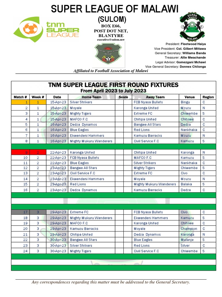 2023 TNM Super League Fixtures | PDF | Sports Teams | Sports Clubs