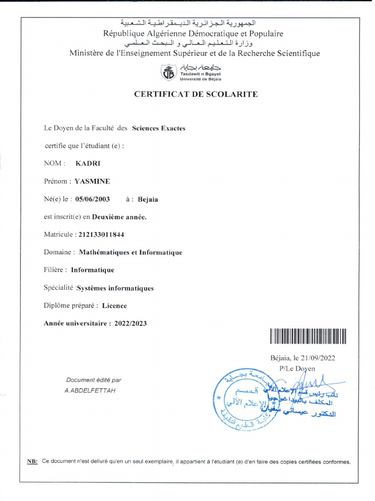 Certificat de Scolarité | PDF