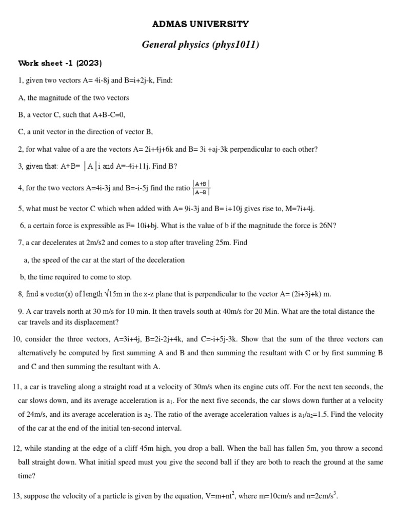 ADMAS UNIVERSITY Phys Work Sheet 2023 | PDF