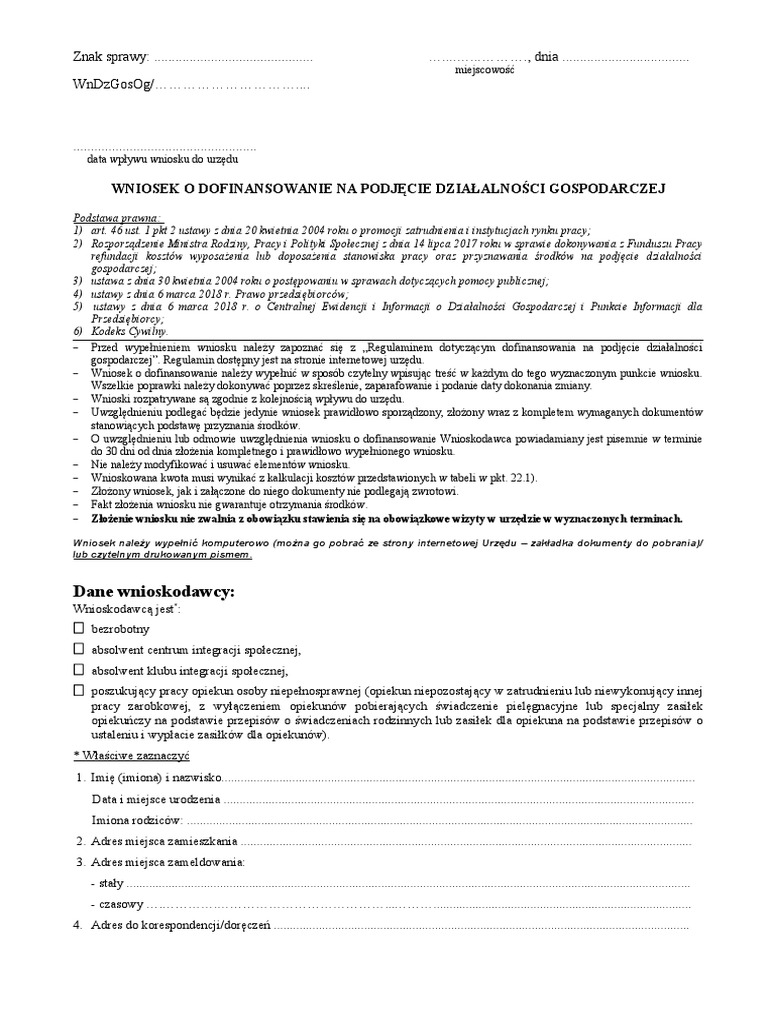 Wniosek o Dofinansowanie Na Podjęcie Działalności Gospodarczej 2023 Rok ...