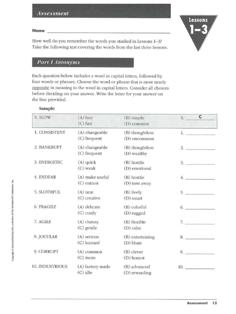 Vocabulary Builder Course 1 - Assessment (Unit 1 - 3) | PDF